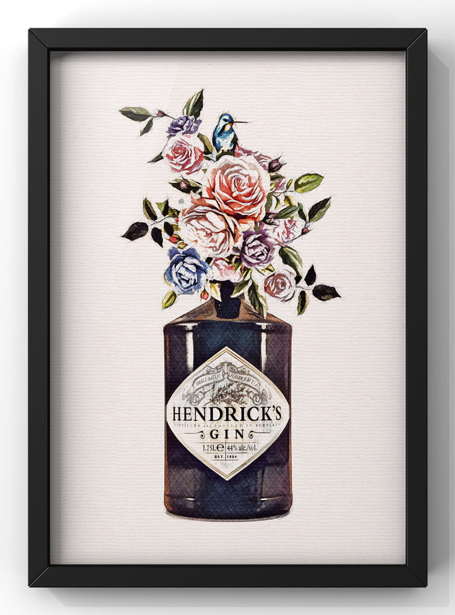 Floral Gin Bottle Print | Kitchen Gin Wall Art | Hendricks Gin Print ...